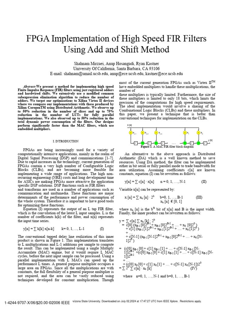 FPGA Implementation of High Speed FIR Filters Using Add and Shift Method | PDF | Field ...