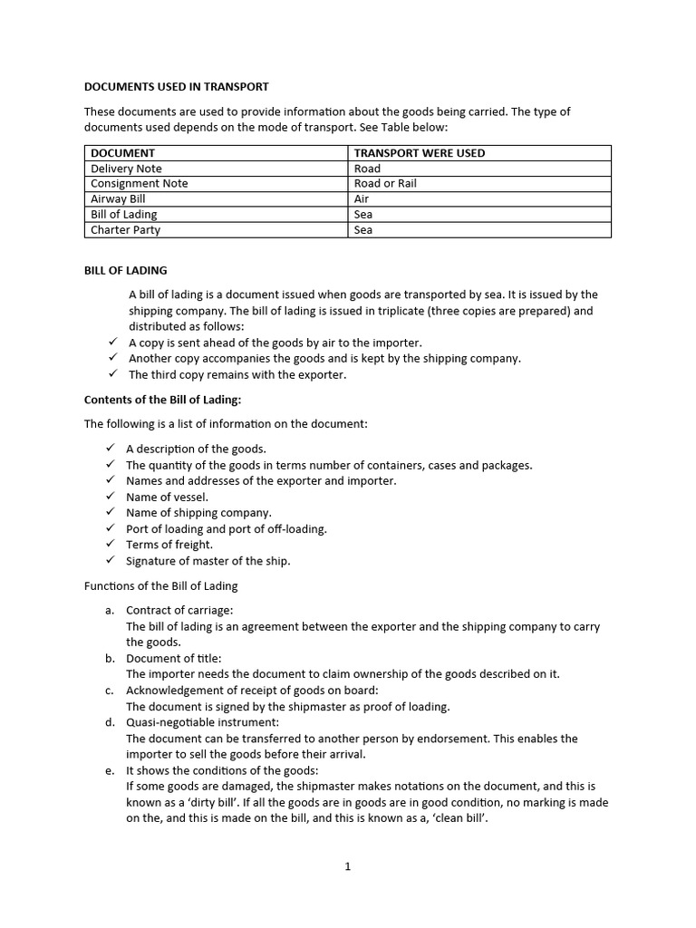 Comm DOCUMENTS USED IN TRANSPORT | PDF | Bill Of Lading | Containerization