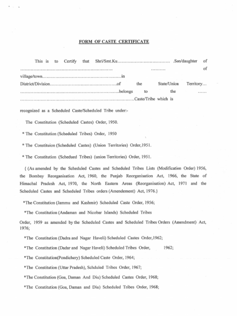 Format of Caste Certificate | PDF