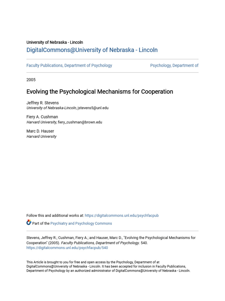Evolvin The Psychological Machanism For Cooperation | PDF | Cooperation | Eusociality