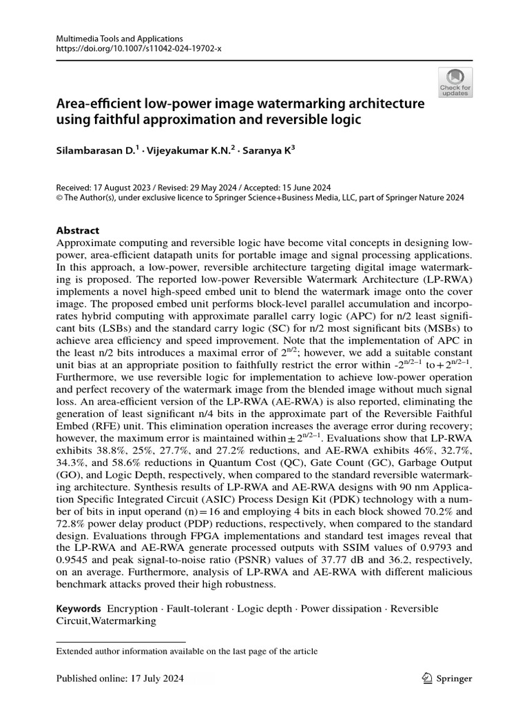 Area Efficient Low Power Image Watermarking Architecture Using Faithful Approximation and ...