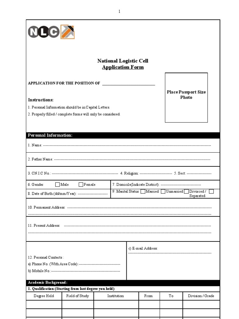 National Logistic Cell Application Form: Instructions: Place Passport ...