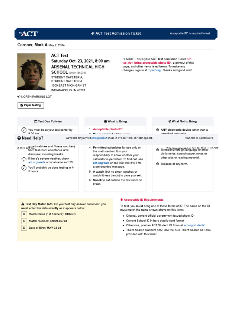 Admission Ticket - MyACT | PDF | Act (Test)