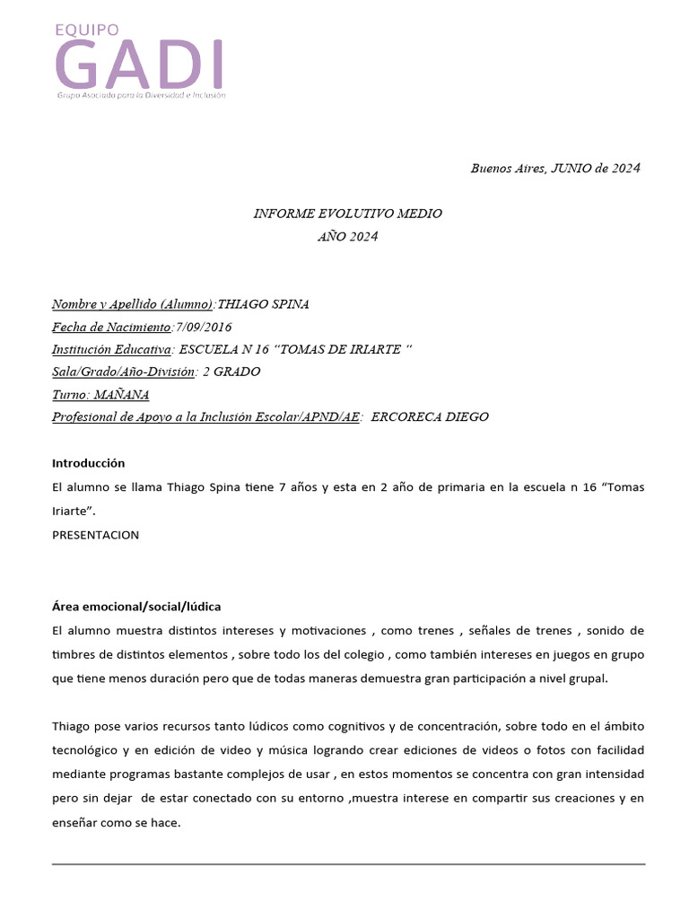 0 - Informe Evolutivo Medio 2024 Thiago | PDF | Adultos | Las emociones