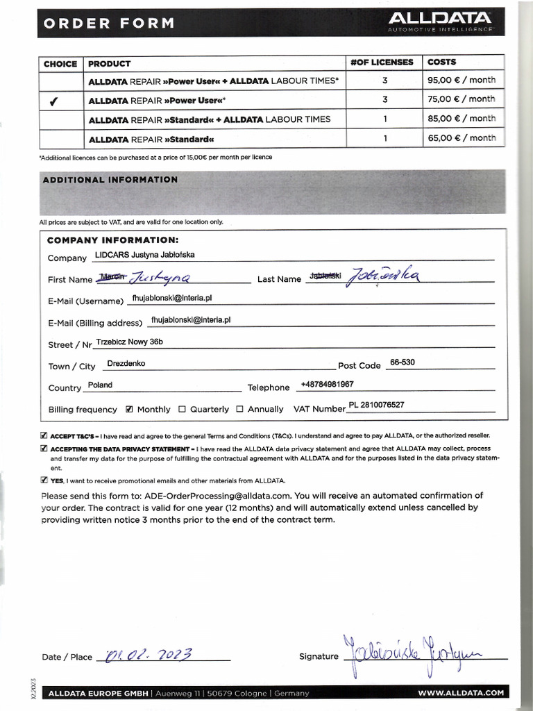 Alldata Zamówienie | PDF