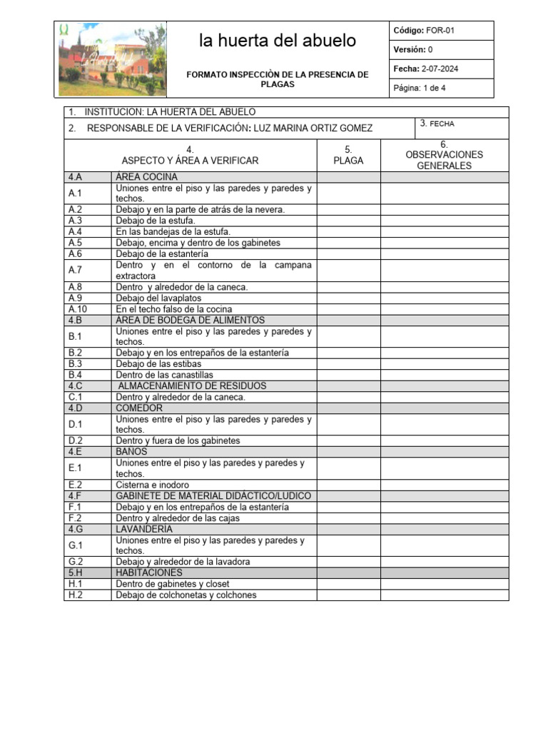 For Pss 066 v0 Formato Inspeccion de La Presencia de Plagas | PDF