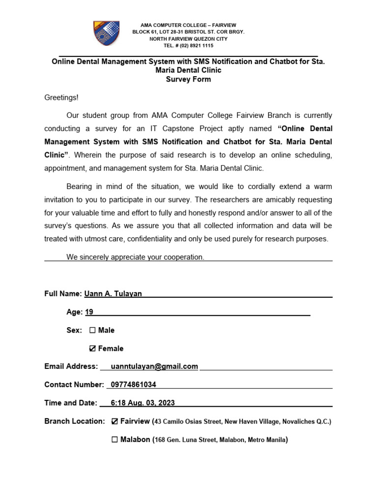 IT Capstone Survey Form - Tulayan | PDF | Dentistry Branches | Dentistry