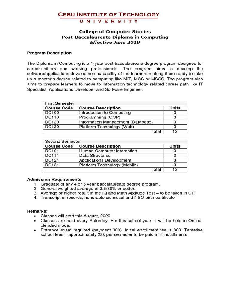 Post-Bacc Diploma in Computing Program | PDF