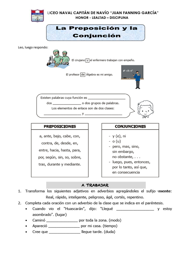 U4 Ficha Preposiciones y Conjunciones para Quinto de Primaria | PDF | Adverbio | Lingüística