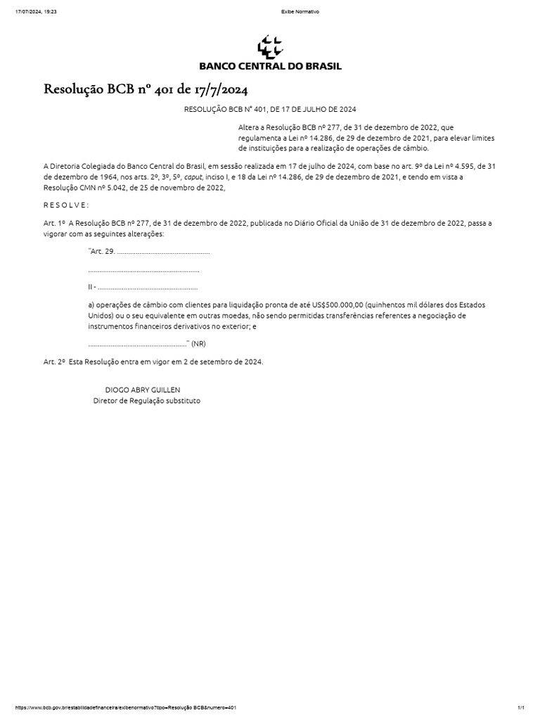 Resolução BCB N° 401 de 17/7/2024 | PDF