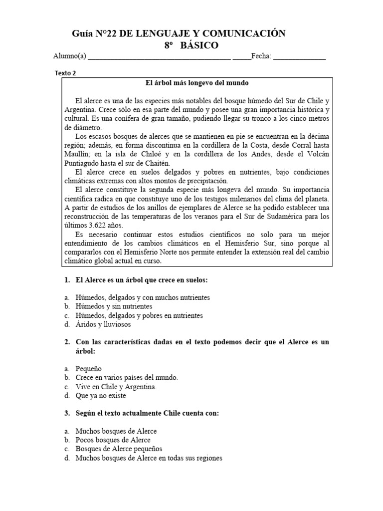 Guía 22 Lectura Comprensiva Texto Narrativo | PDF | Clima | Arboles