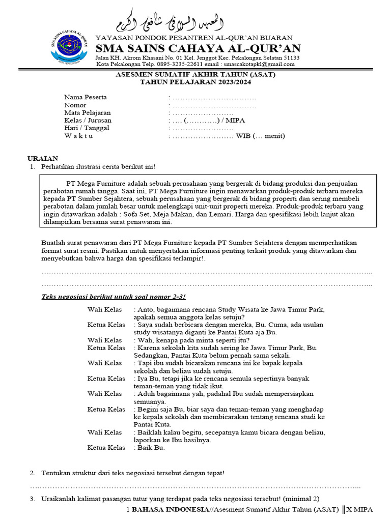 Soal Asat B.indonesia X Sma 2024 | PDF