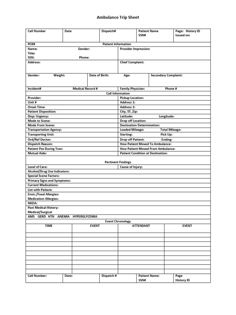 Ambulance Trip Sheet Template | PDF | Emergency Medical Technician ...