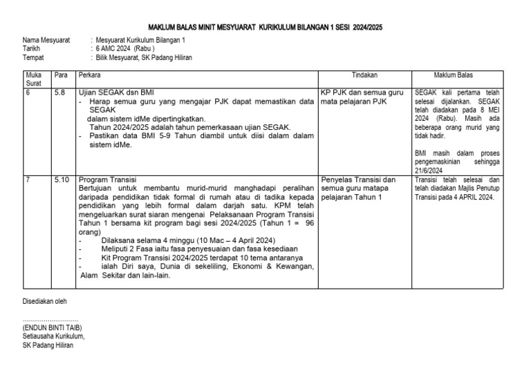 Maklum Balas Mesy Jks Bil 1 2024 2025 | PDF