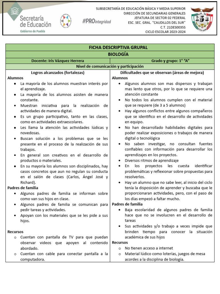 Ficha Descriptiva Grupal | PDF | Educación primaria | Maestros