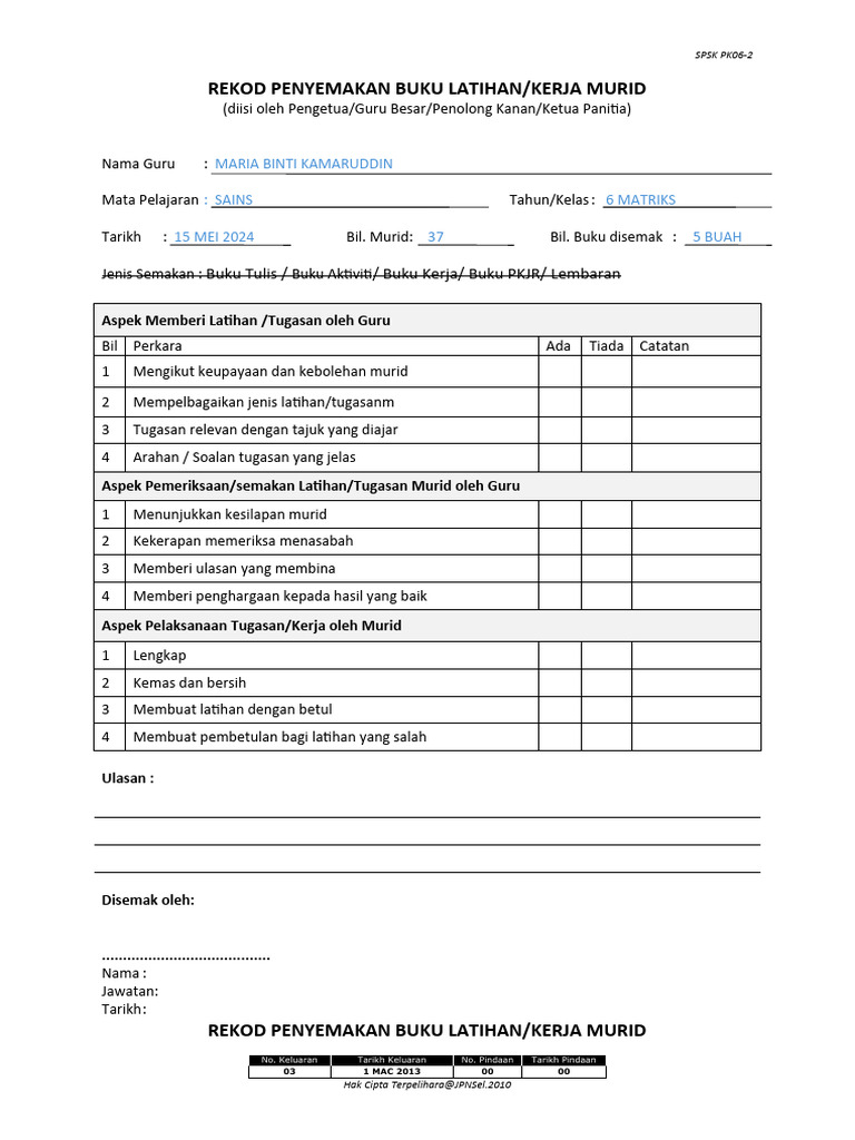 PK06 2 Rekod Penyemakan Buku Latihan - Pentadbir - Penilai | PDF