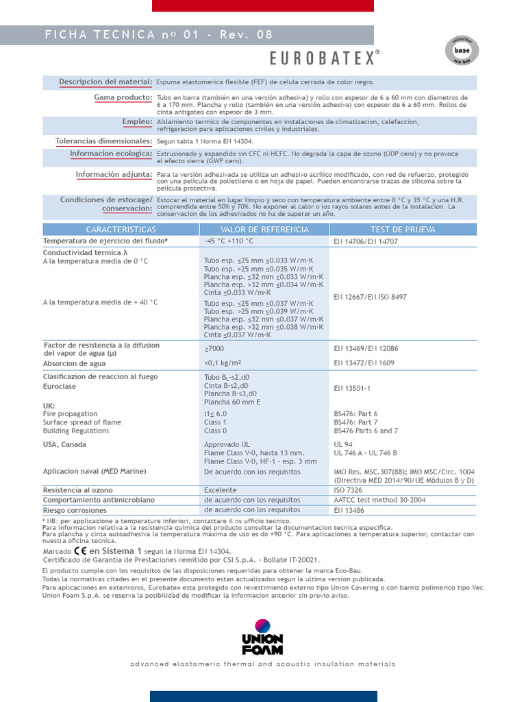 Ficha Técnica - Espuma Elastomérica Eurobatex | PDF | Materiales ...