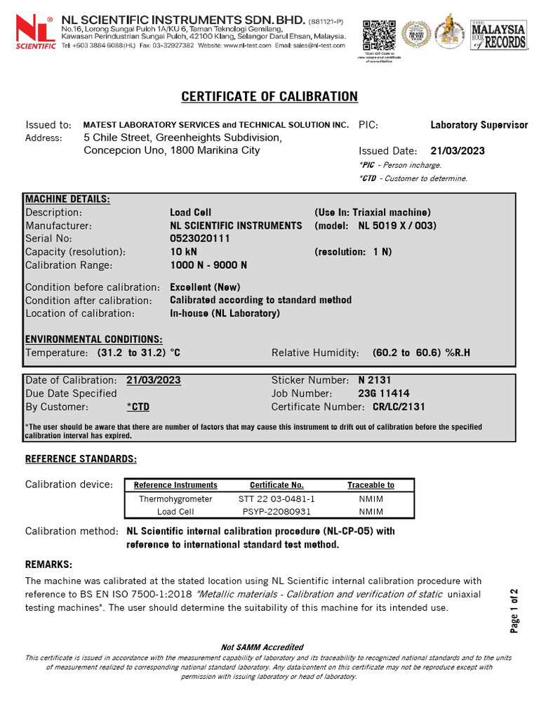 Load Cell Calibration Certificate | PDF | Calibration | Accuracy And ...