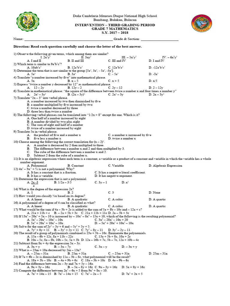 Grade 7 Math Intervention Test | PDF | Polynomial | Abstract Algebra