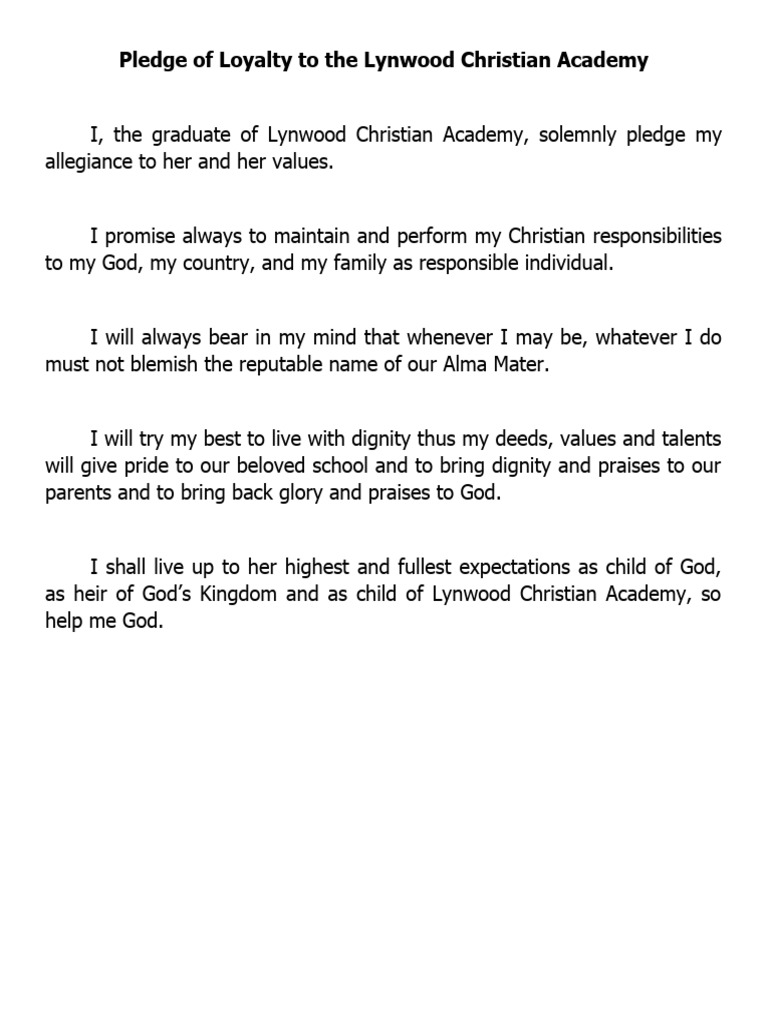 Pledge of Loyalty To The Lynwood Christian Academy | PDF