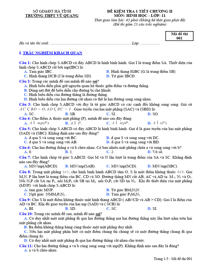 De Kiem Tra 1 Tiet Hinh Hoc 11 Chuong 2 Truong THPT Vu Quang Ha Tinh | PDF