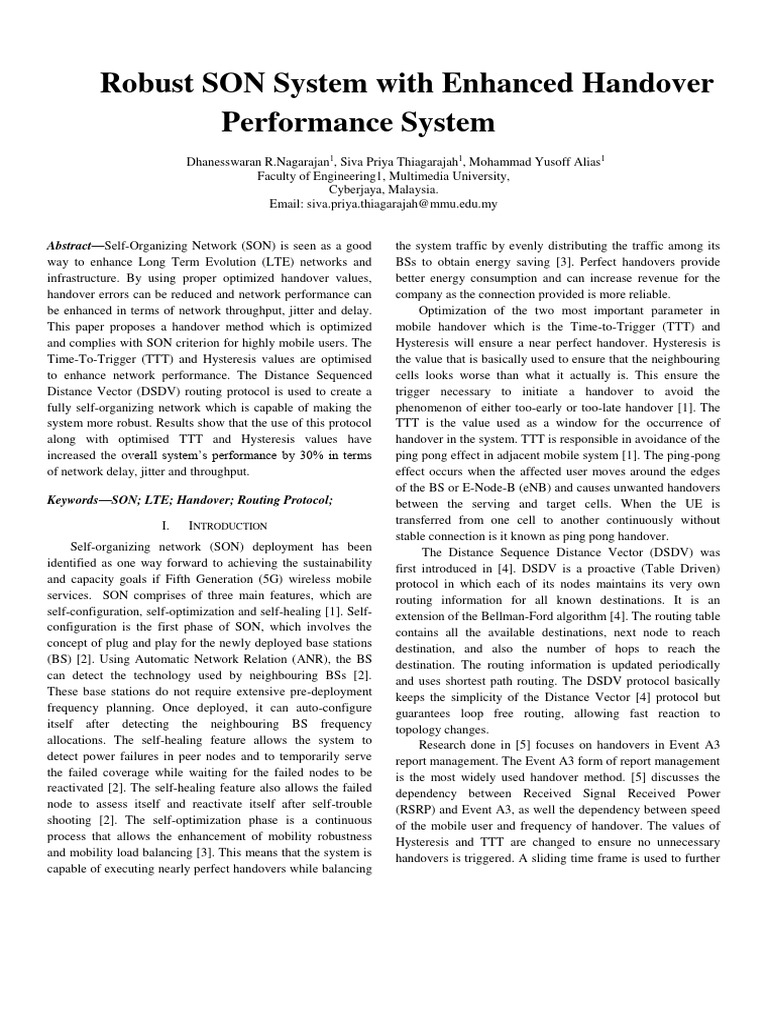 Robust SON System with Enhanced Handover Performance System | Download Free PDF | Routing ...