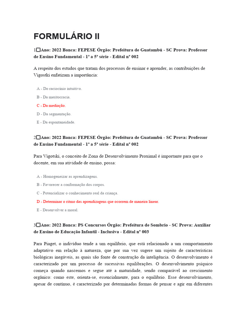 Formulário Ii | PDF | Aprendizado | Psicologia