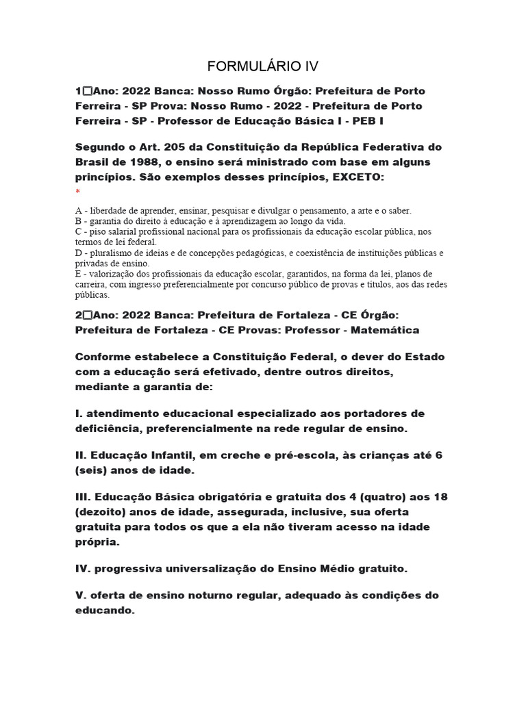 FORMULÁRIO IV | PDF | Pré-escola | Pedagogia