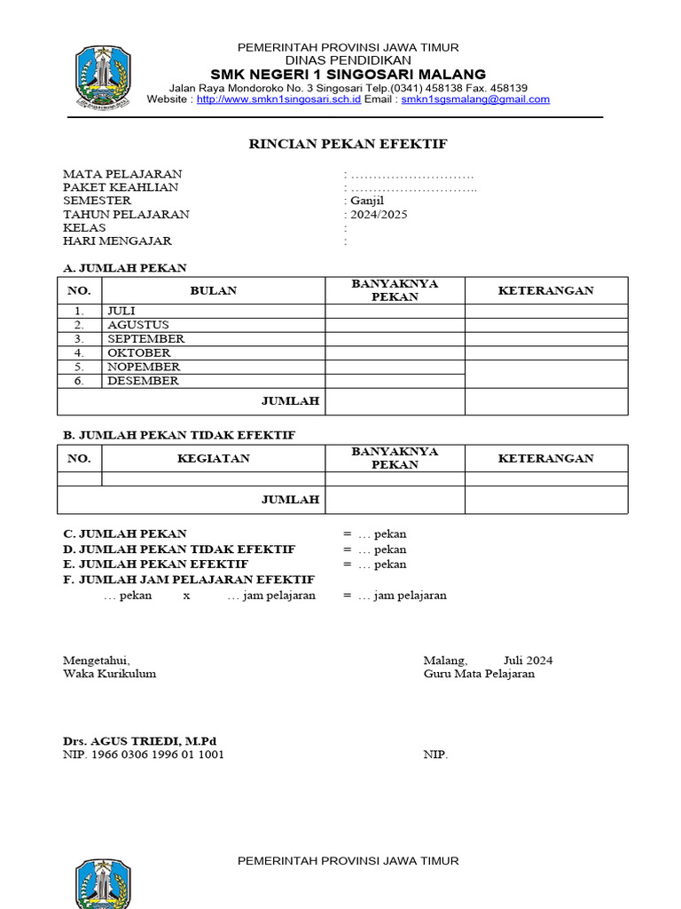 Rincian Pekan Efektif 2024/2025 | PDF
