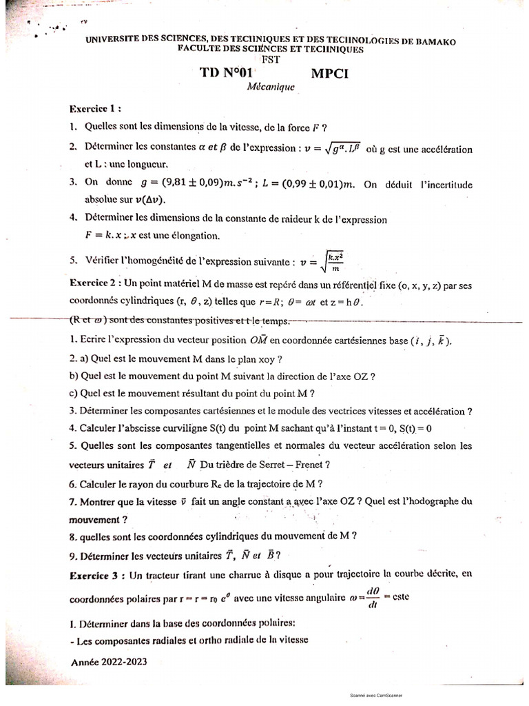 TD Mécanique N1 & 2 | PDF