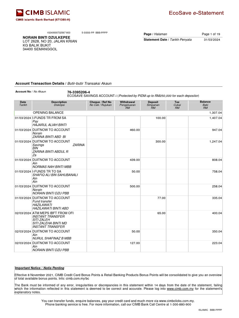 CIMB Credit Card Statement Overview | PDF | Banks | Cheque
