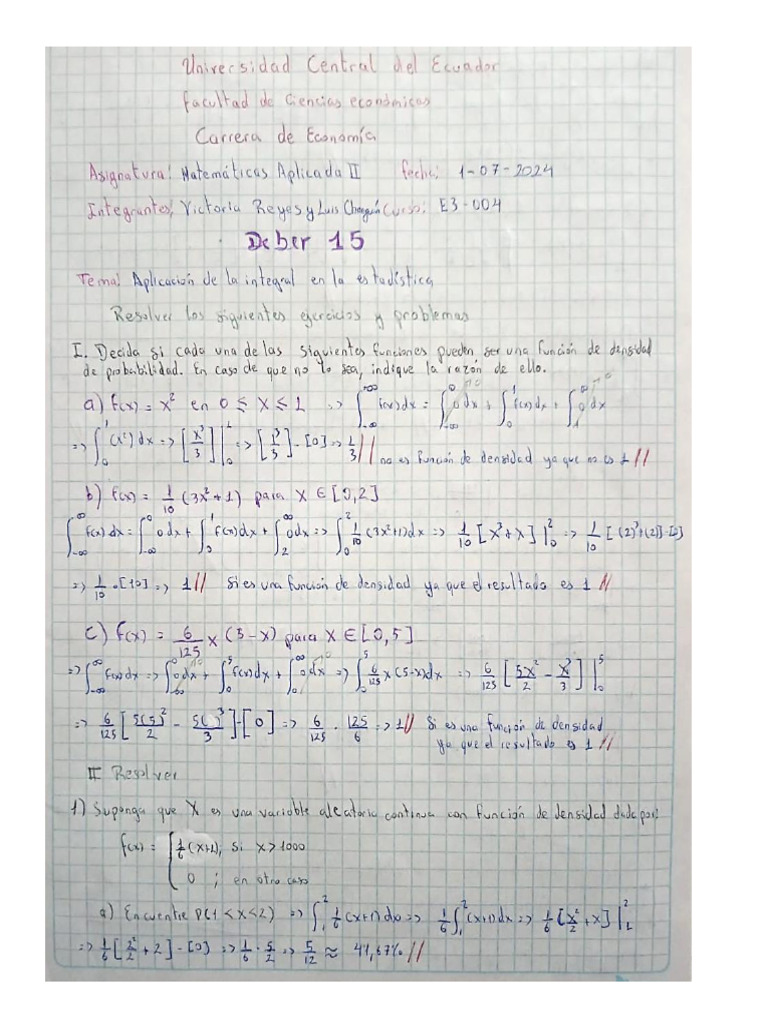 Deber 15 Aplicación de La Integral A La Estadistica | PDF