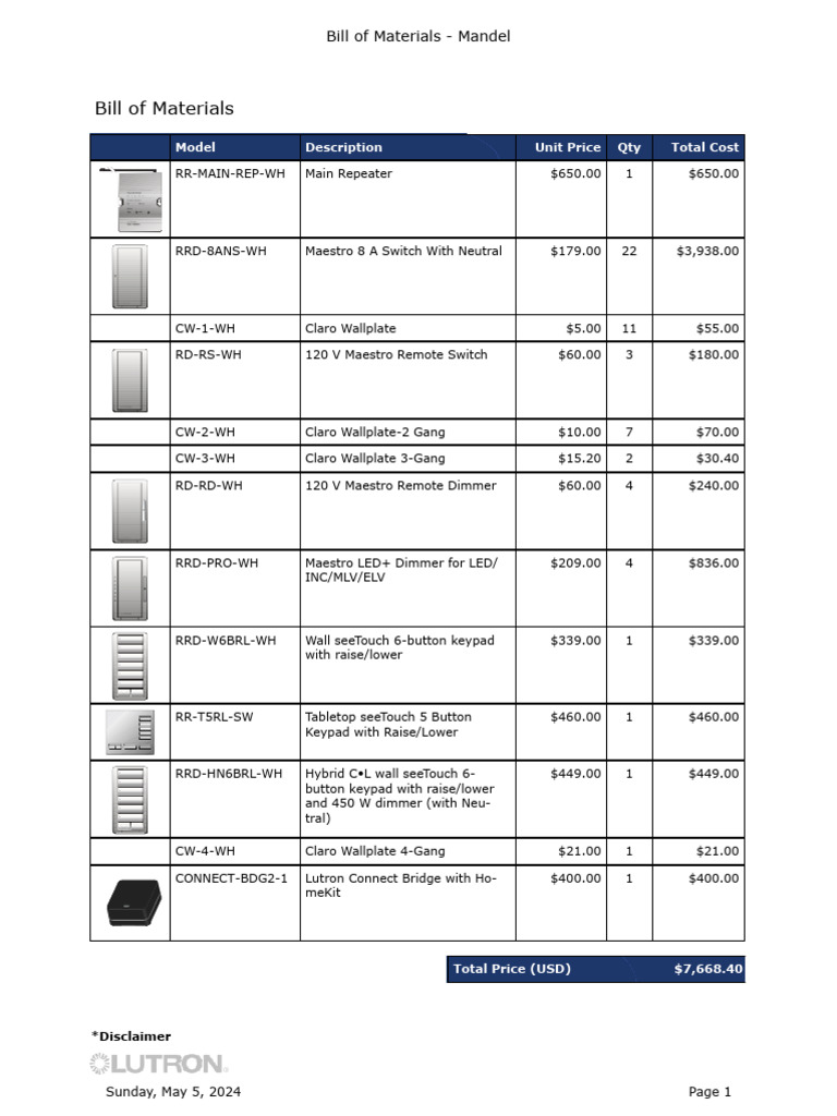 Lutron Bill of Materials Overview | PDF