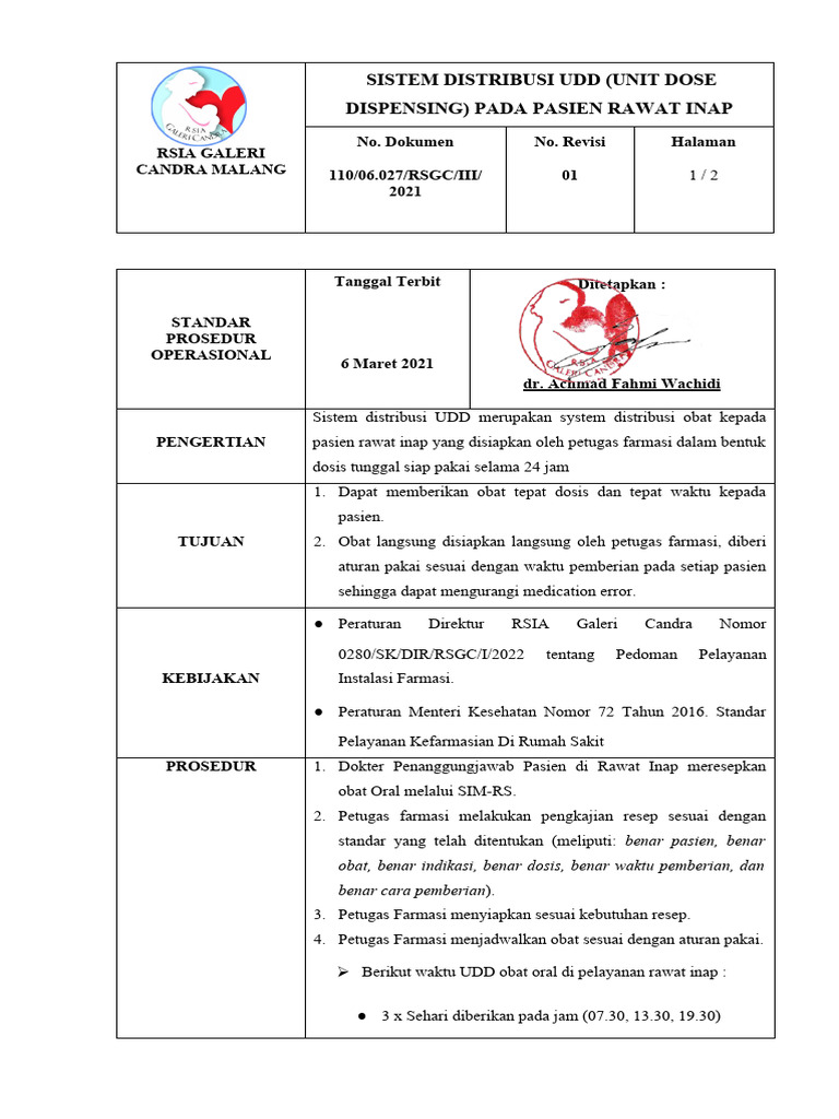 Spo Sistem Distribusi Udd (Unit Dose Dispensing) Pada Pasien Rawat Inap ...