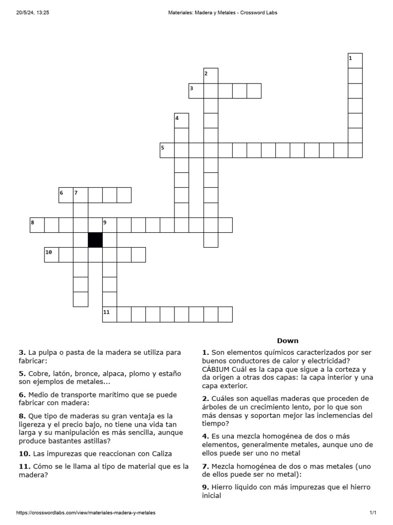 Materiales_ Madera y Metales - Crossword Labs | PDF | Rieles | Madera
