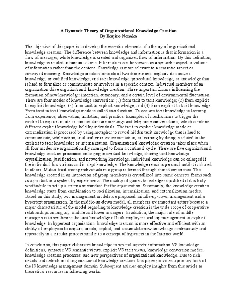 A Dynamic Theory of Organizational Knowledge Creation | PDF | Tacit Knowledge | Knowledge