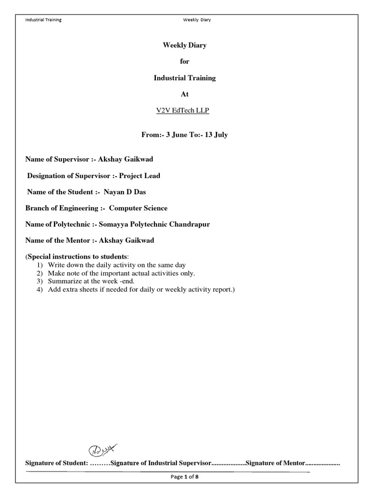 Week Diary Industrial Training Pdf Method Computer Programming Object Oriented Programming