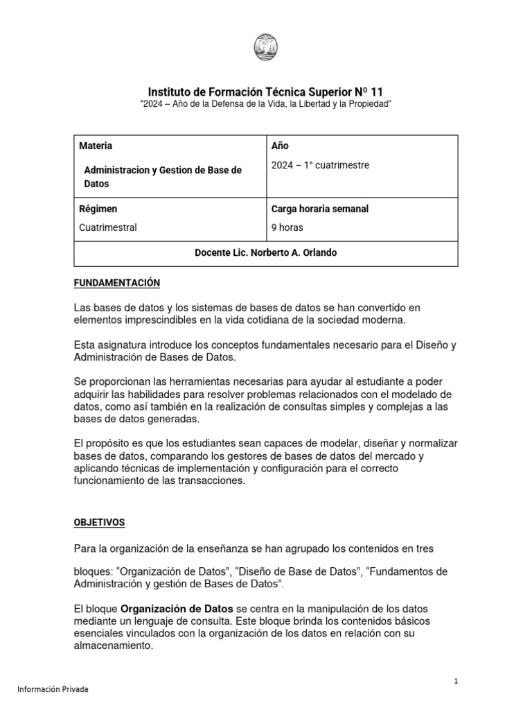 Programa 2024 Administracion y Gestion de Base de Datos IFTS11 | PDF | Bases de datos | SQL