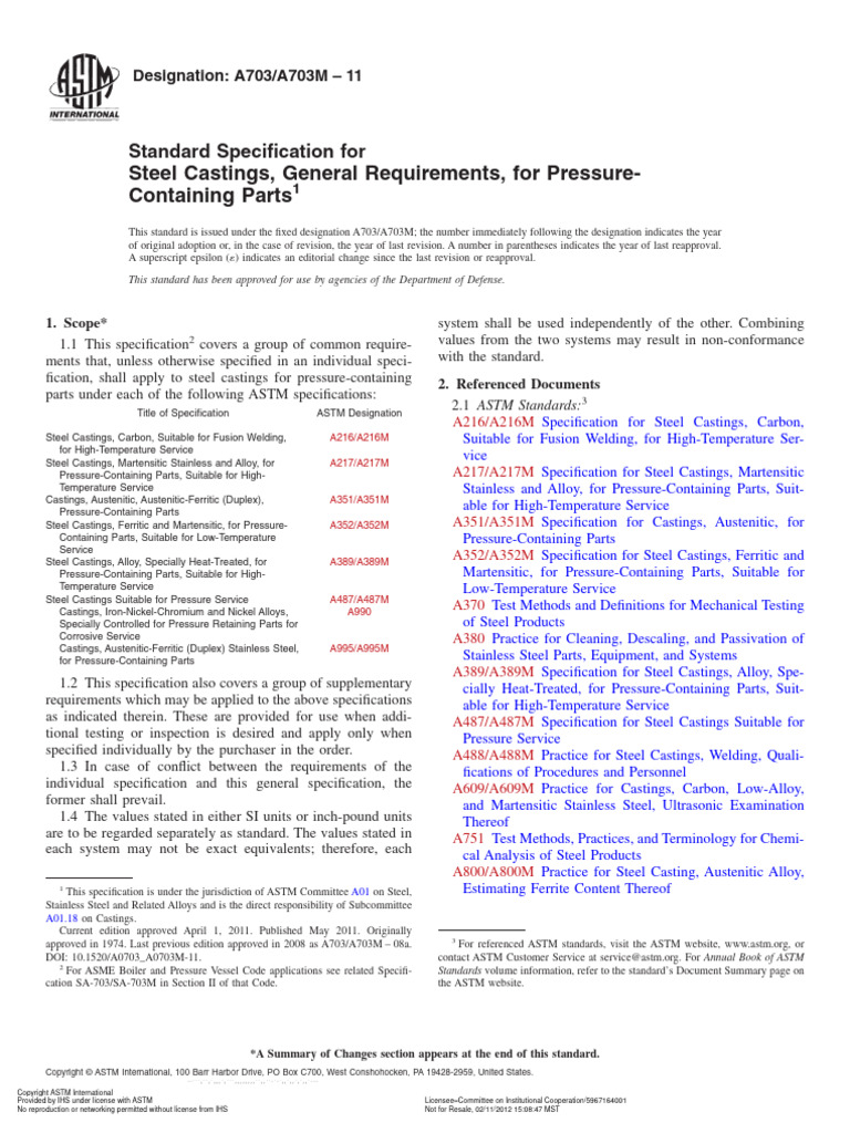 ASTM A703 Specification for Steel Castings | PDF | Heat Treating | Steel