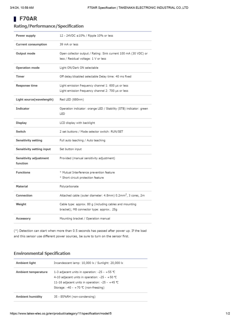 F70AR Sensor Specs for Engineers | PDF | Power Supply | Electrical ...
