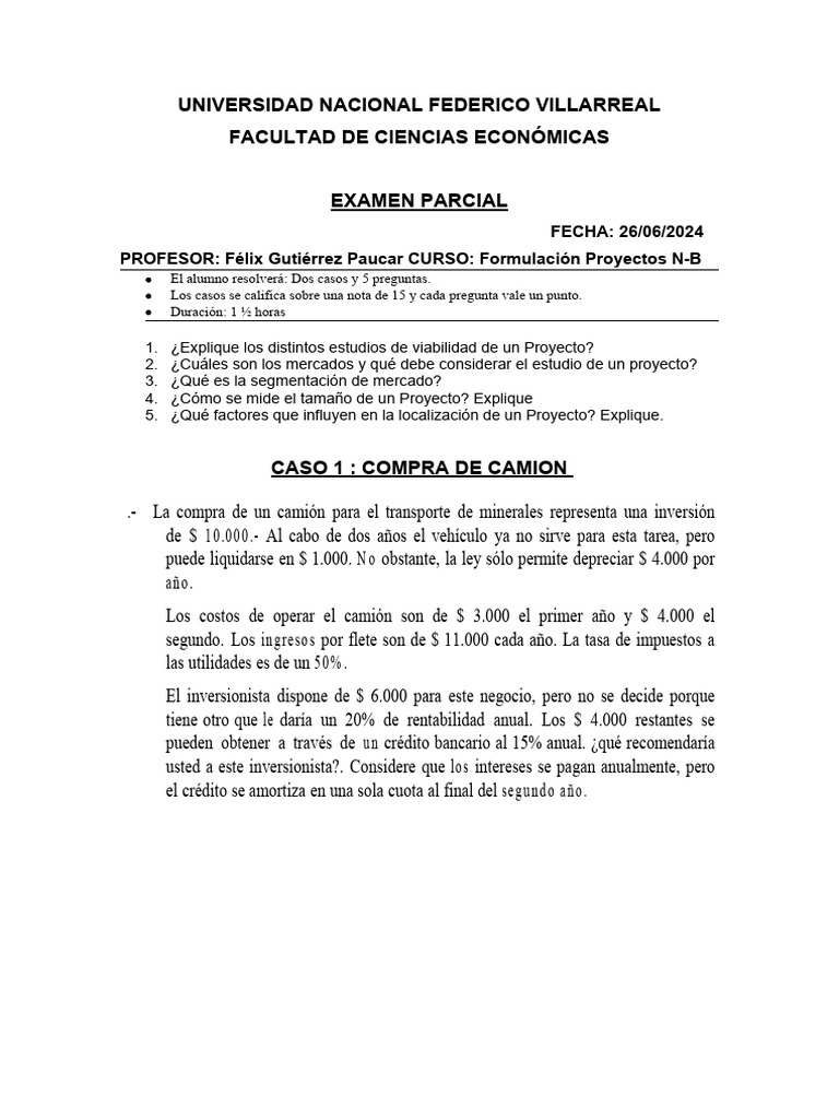 Examen Parcial Formulacion Proy. (N-B) 2024-I | PDF | Economias | Dinero