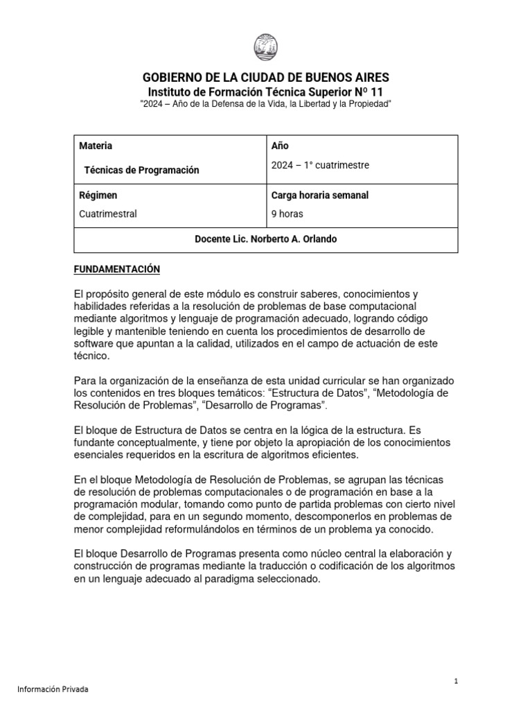 Programa 2024 Tecnicas De Programacion Ifts11 Pdf Lenguaje De 8812