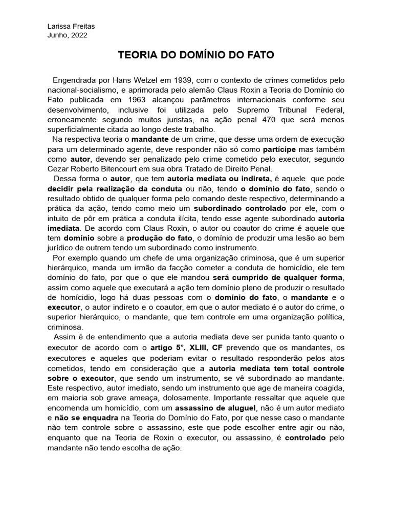 Teoria Do Domínio Do Fato | PDF | Crimes | Crime e Violência