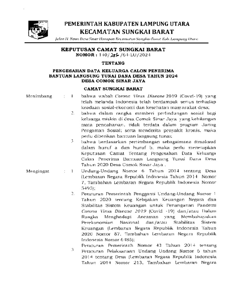 Format SK Camat Penetapan BLT 2024 | PDF