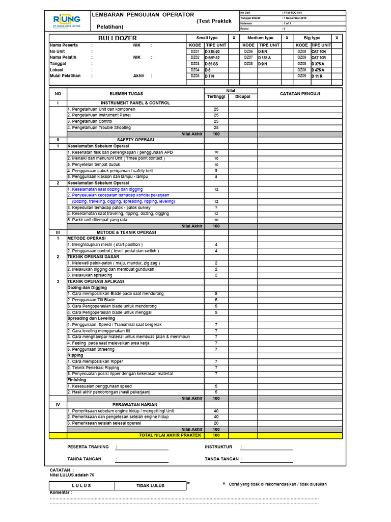 Lembar Ujian Operator Alat Berat | PDF