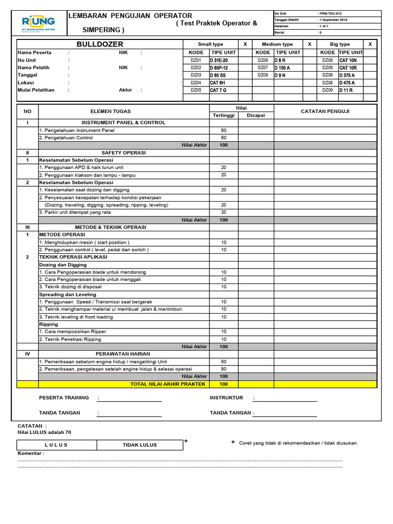 Ujian Praktik Operator Alat Berat | PDF