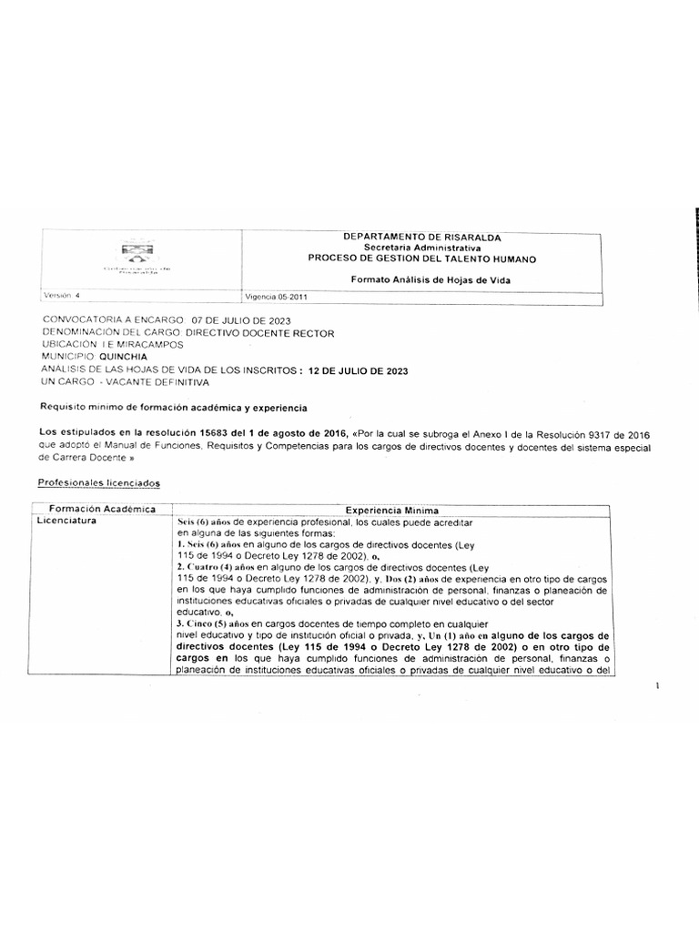 Resultados Convocatoria A Encargo Vacante Definitiva Directivo Docente Rector Ie Miracampos ...