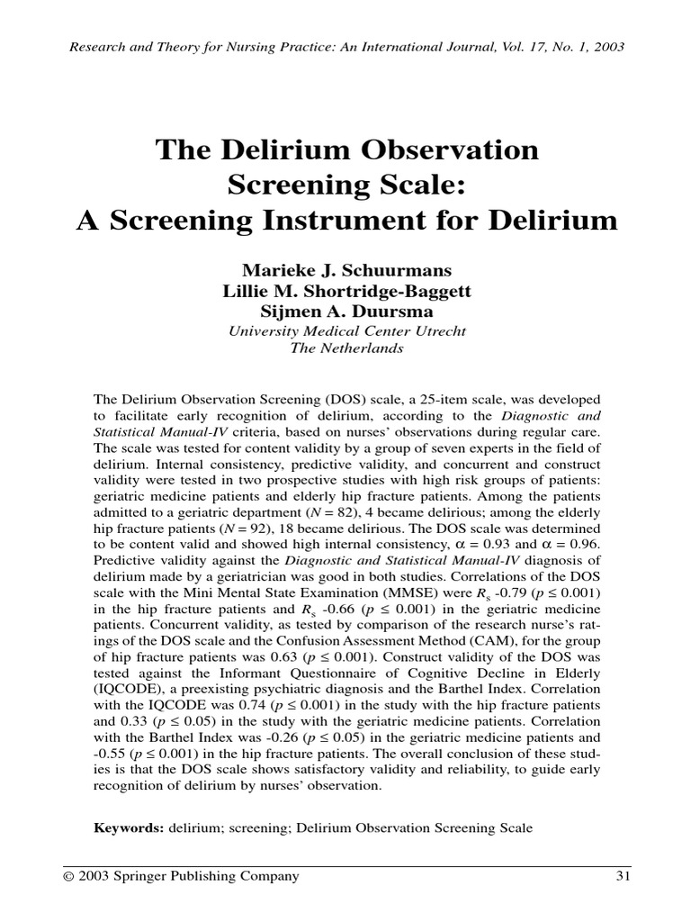 DOS Screening For Delirum - Schuurmans2003 | PDF | Diagnostic And ...