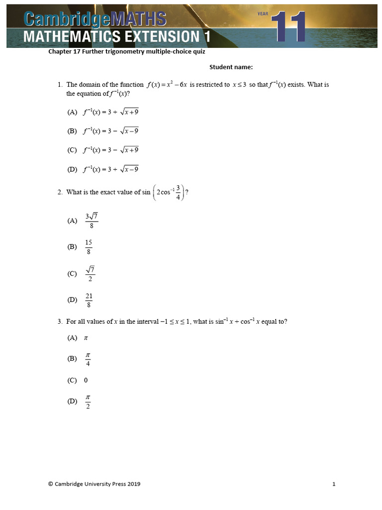 Trigonometry Multiple-Choice Quiz | PDF | Trigonometric Functions ...