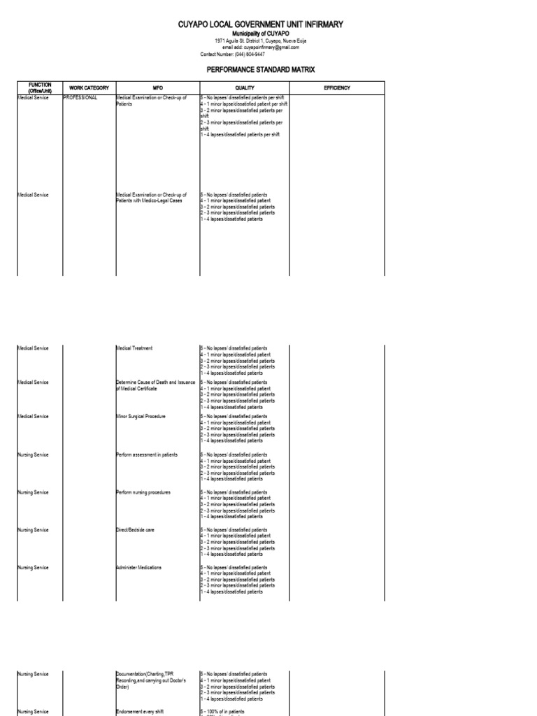 Sample Performance-Standard-Matrix - CUYAPO INFIRMARY | PDF | Nursing ...
